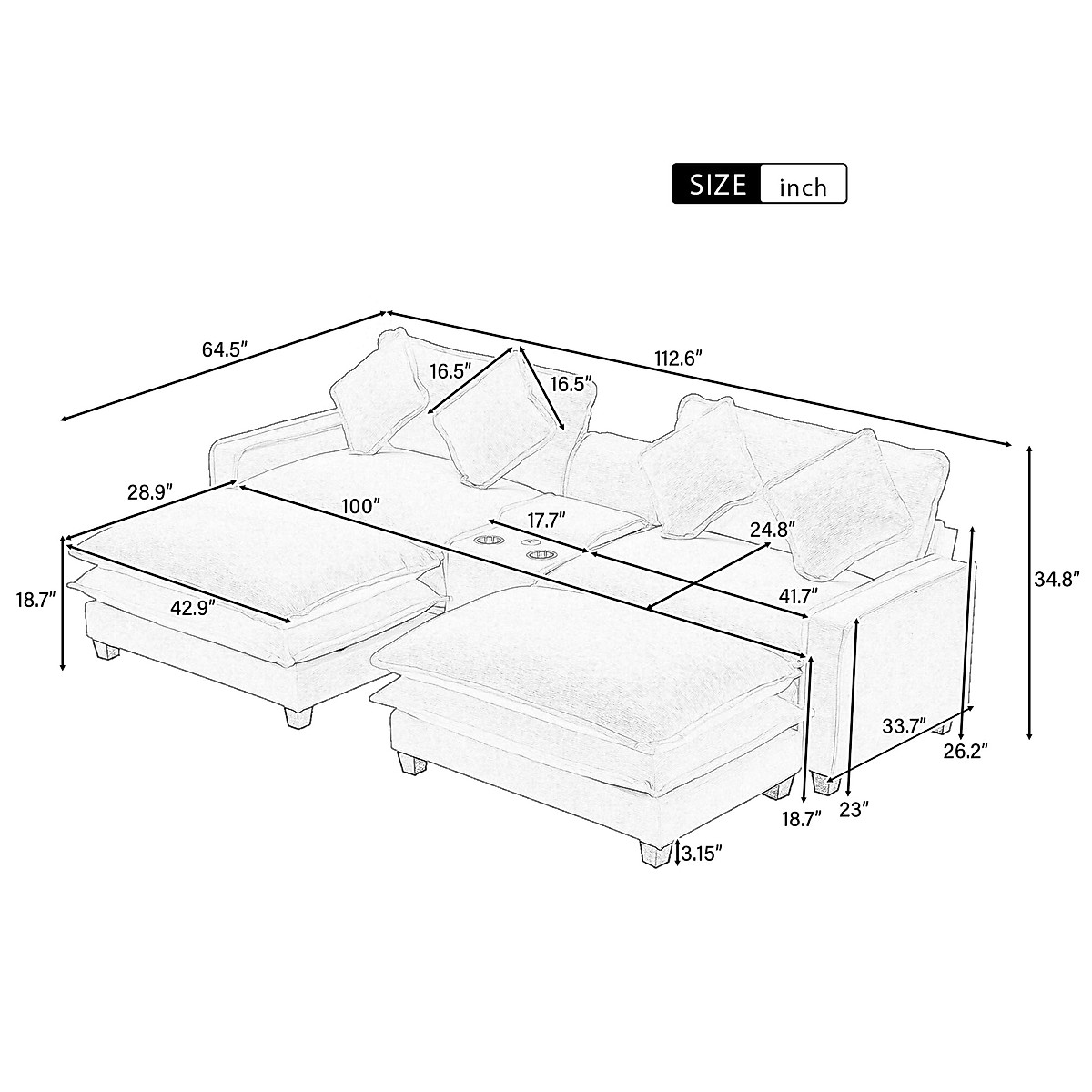 P PURLOVE Sectional Sofa with 2 Removable Ottomans, Chenille Upholstered Sofa with 2 USB Ports, 2 Cup Holders and Large Storage Box for Living Room, Beige