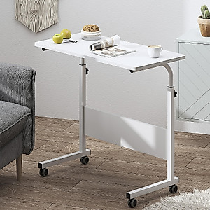 DlandHome Rolling Desk Adjustable Standing Desk, Mobile Side Table 31.4 Inches w/Wheels Adjustable C Table Movable Portable Laptop Computer Stand for Bed Sofa,White