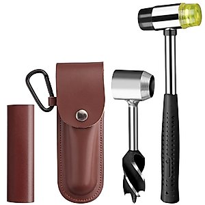 eSynic Bushcraft Hand Auger Wrench, eSynic Scotch Eye Wood Auger with Leather Holster and Rubber Hammer, Survival Tools for Bushcraft Woodworking Hand Drill Set for Outdoor, Camping, Peg Hole Maker