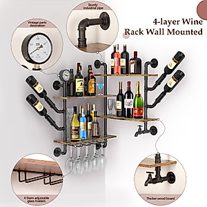 Gtouse Industrial Pipe Wine Rack Wall Mounted,Liquor Bottle Display Shelf,Floating Bar Shelves,Wooden Liquor Bar Shelf with 4 Stem Glass Holder,4 Tier Floating Whiskey Shelf for Kitchen Dining Room