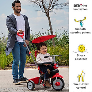 smarTrike Kids Adjustable Tricycle Push Bike Trike Ride On Toy with Parent Control Button for Toddler Ages 15 Months to 3 Years, Red