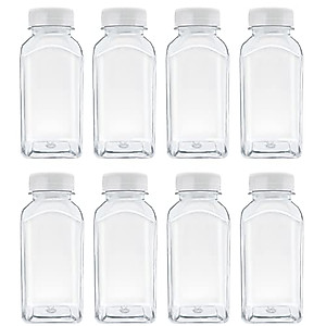 8 Pcs 8 Ounce Plastic Juice Bottles, Reusable Bulk Beverage Containers for Juice, Milk and Other Beverages, White lid
