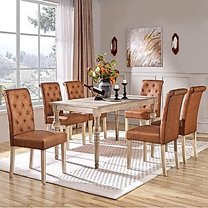 Yaheetech Upholstered Parsons Dining Chairs Set of 6, Faux Leather Button Tufted Chairs with High Back & Padded Seat & Solid Wood Legs for Kitchen Living Room Lounge, Retro Brown