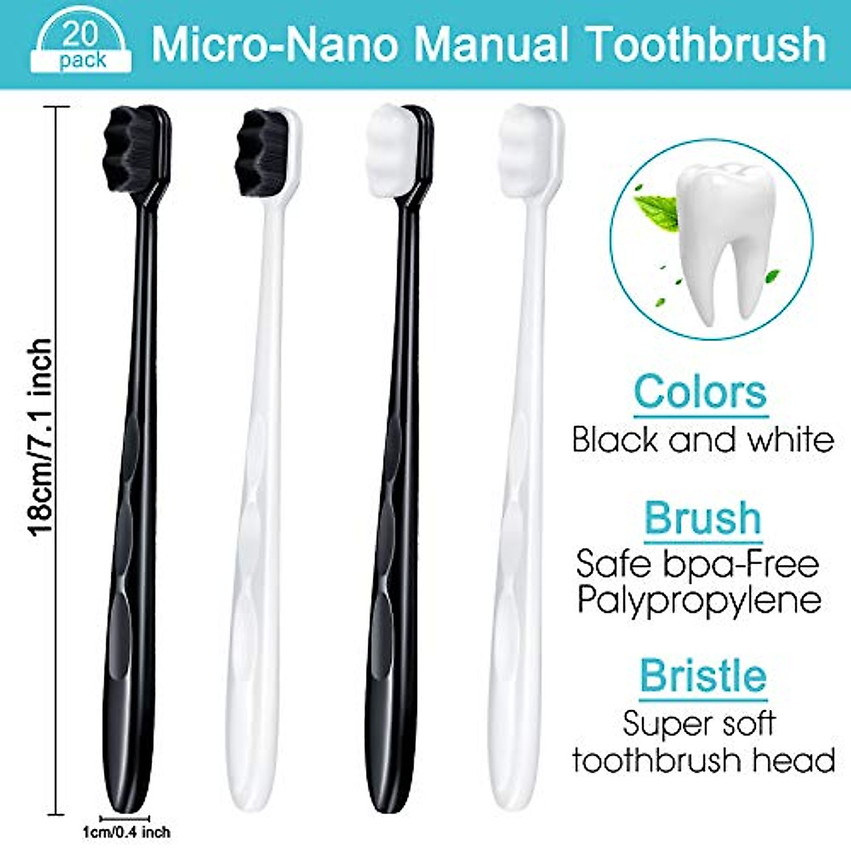 Patelai 20 Pieces Extra Soft Toothbrush Micro Nano Toothbrushes 20,000 Soft Bamboo Charcoal Bristles Toothbrush Soft Bristle for Fragile Teeth Oral Gum Recession, Black and White