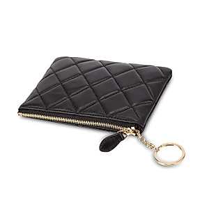 DORIS&JACKY Soft Lambskin Leather Coin Purse Small Quilted RFID Blocking Top Zipper Wallet With Keychain (Black)