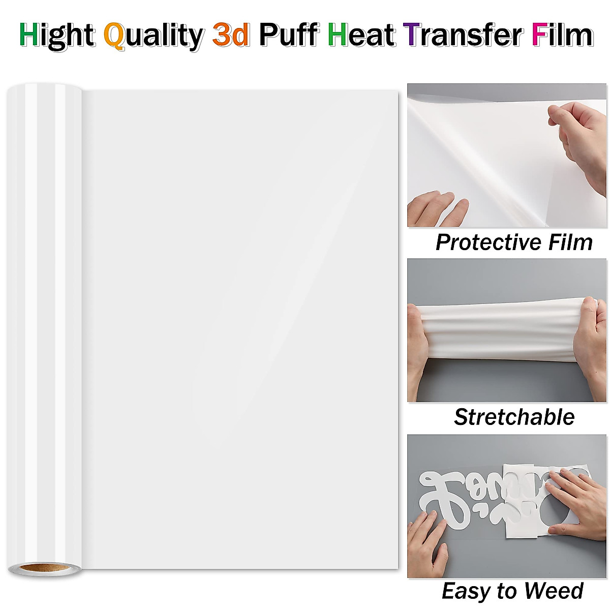 3D Puff Vinyl Heat Transfer for T-Shirts, 12" x6ft 3D Puff HTV Iron on Vinyl, 3D Puff Vinyl Heat Transfer HTV for Heat Press Clothing White Christmas Gifts
