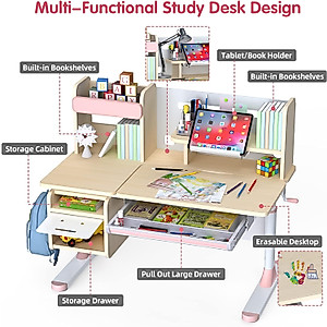 FCD Wood Adjustable Height Kids Study Desk with Chair, Reading Homework Drawing Table Computer Station Built-in Bookshelf Hutch, Tablet Holder, Tiltable Desktop and Storage Drawer (Pink, Wood of Fir)