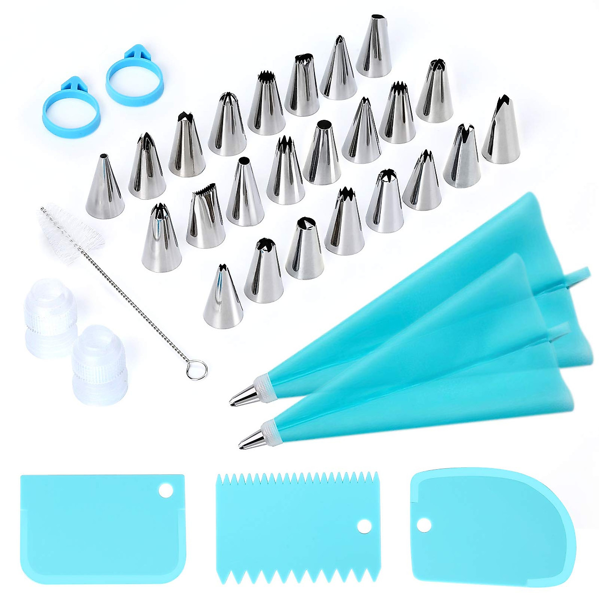 34Pcs Piping Bags and Tips Set, Bake Cake Decorating Kit with 24 Stainless Steel Tips, 2 Reusable Silicone Pastry Bags, 3 Icing Smoother, 2 Couplers, 2 Frosting Bags Ties and 1Pipe Brush