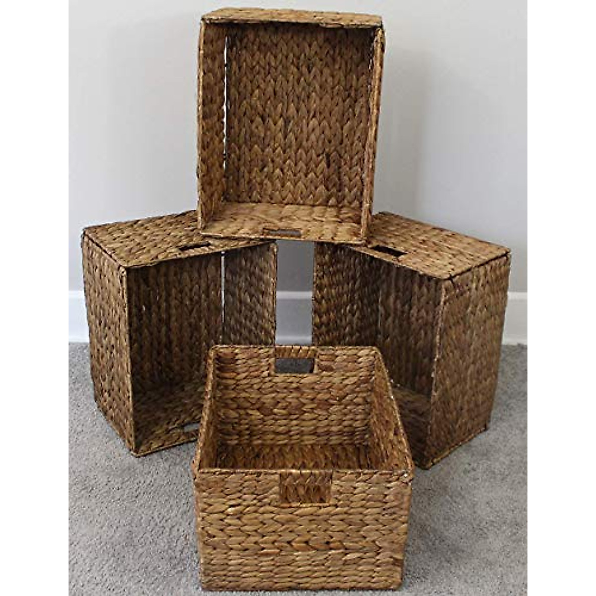 eHemco Rectangular Water Hyacinth Wicker Storage Baskets with Iron Wire Frame, Natural, Set of 4