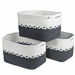 RITHLELA Bundle of Cotton Rope Basket Set, Woven Laundry Basket for Blankets Toys Clothes, Nursery Storage Basket with Handles - dark gray