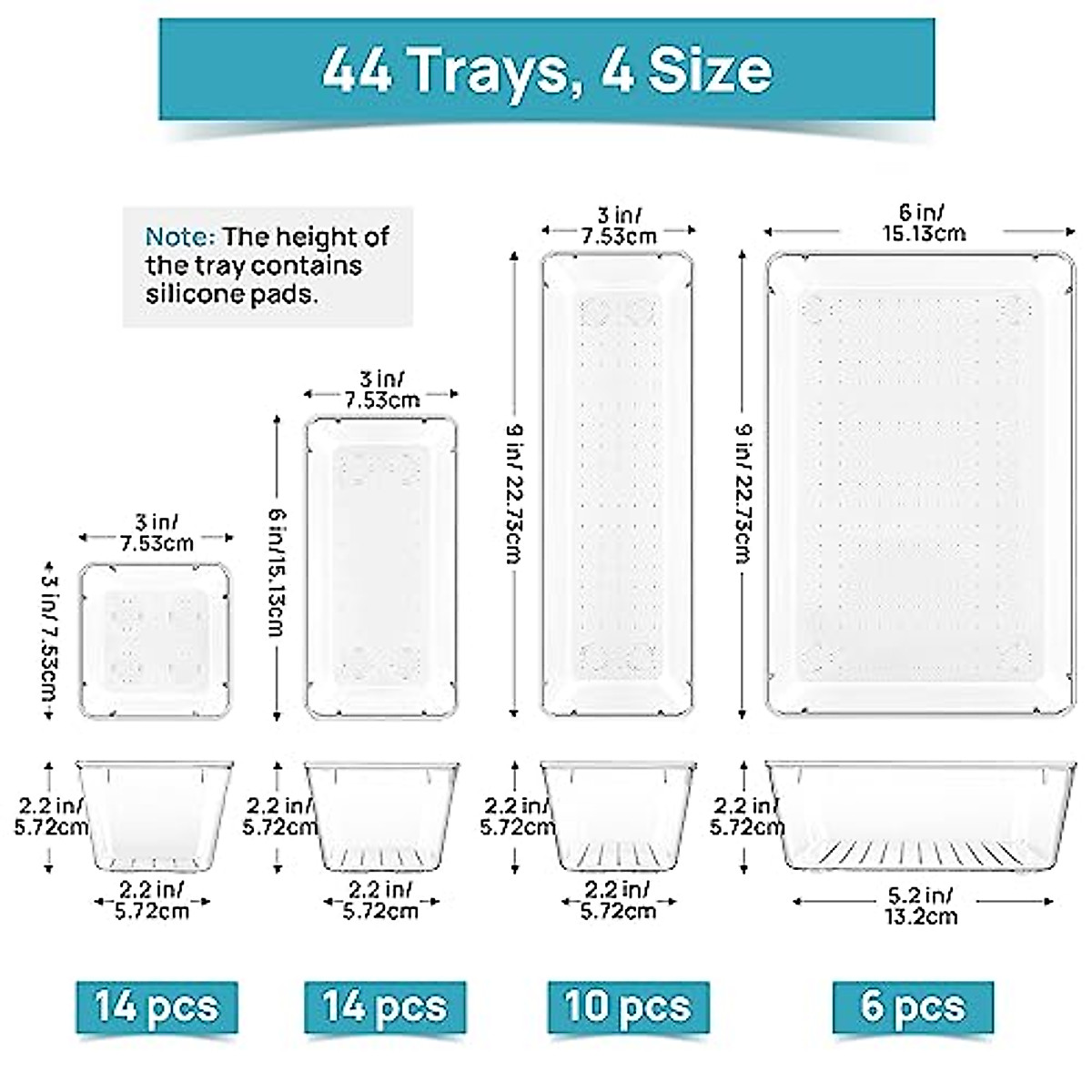 Vtopmart 44 PCS Clear Plastic Drawer Organizers Set, 4-Size Versatile Bathroom and Vanity Drawer Organizer Trays, Non-Slip Storage Containers for Makeup, Jewelries, Bedroom，Kitchen Utensils and Office