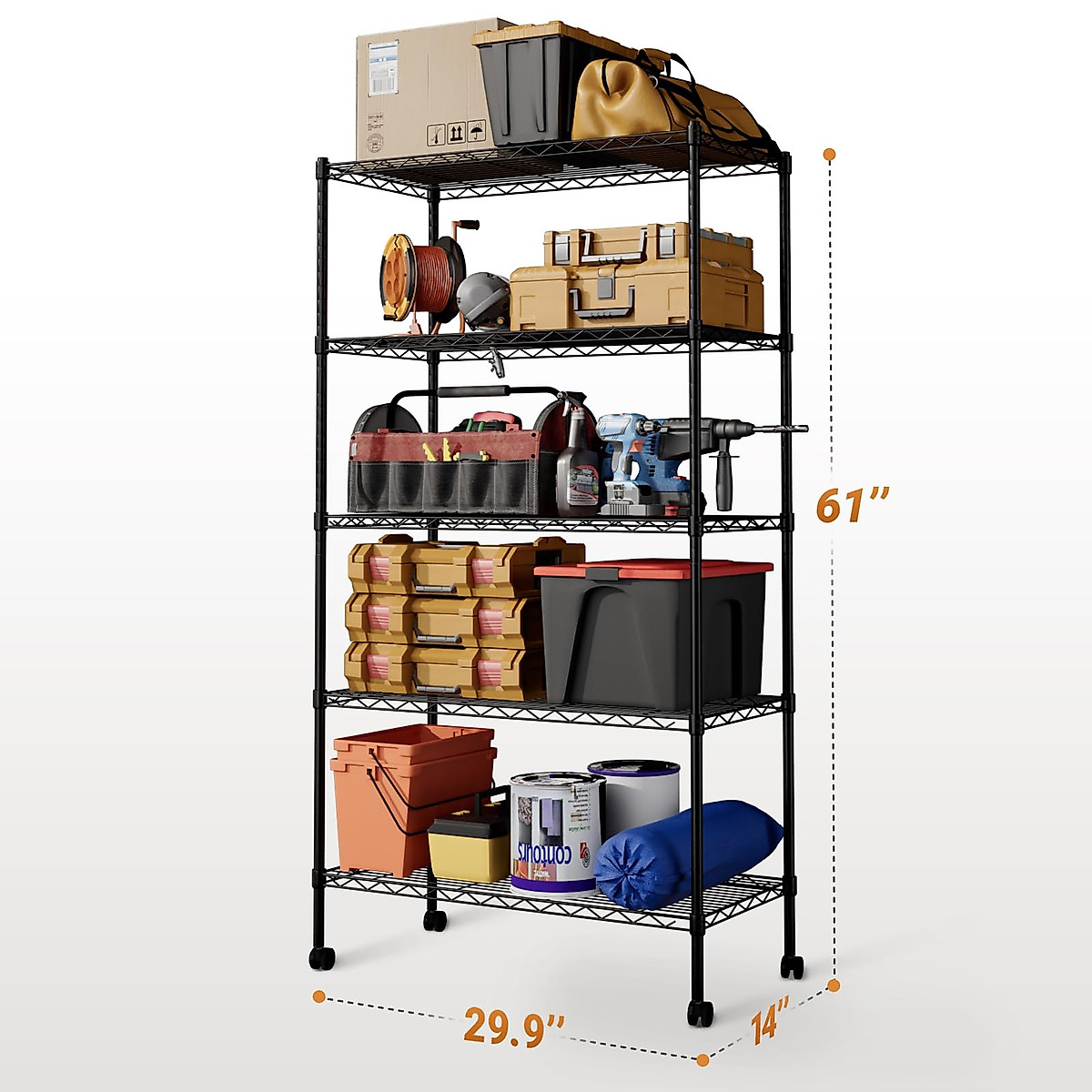 HealSmart Heavy Duty 5-Shelf Shelving Unit, 29" D x 14" W x 61" H, 5 Tier, Black