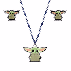 Disney Star Wars The Mandalorian Grogu Fashion Stud Earrings and Necklace Set, Officially Licensed