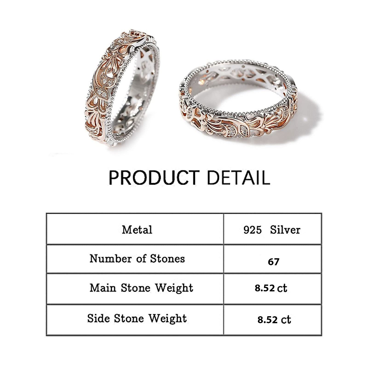 Jeulia Floral Ring Band Sterling Silver Two Tone Leaf Carved Vintage Unique Hollow Flower Rose Gold Jewelry Engagement Wedding Bridal Sets Stackable Anniversary Promise with Gift Box (Floral, 10)
