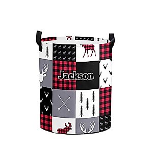 Buffalo Plaid Deer Woodland Personalized Waterproof Foldable Laundry Basket Bag with Handle, Custom Collapsible Clothes Hamper Storage Bin for Toys Laundry Dorm Travel Bathroom