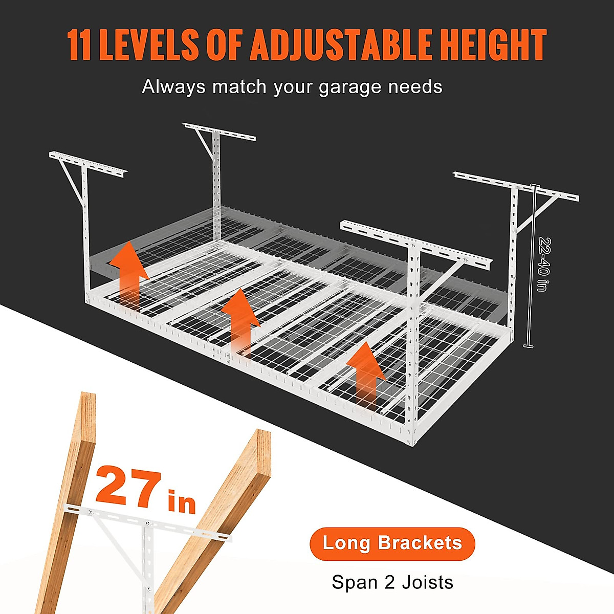 VEVOR Overhead Garage Storage Rack, 4x8 Garage Ceiling Storage Racks, Heavy Duty Adjustable Cold Rolled Steel Racks for Garage Storage, Organization, 600 lbs Load Capacity, 22''-40"