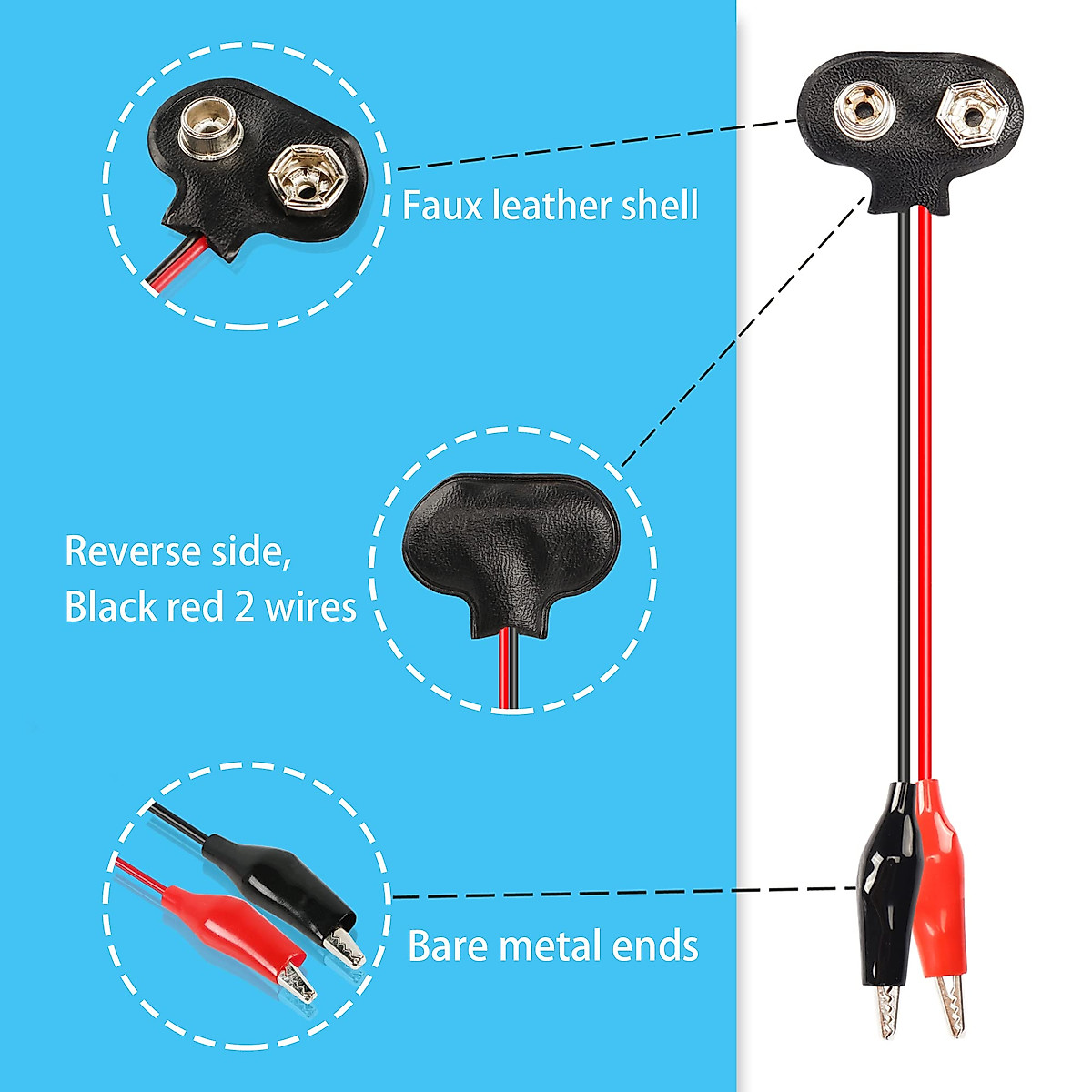 PNGKNYOCN 9V Battery Snap to Alligator Clips Cable,5 Pack Dual Alligator Clips to 9V Battery Snap Connector Cables（15cm）