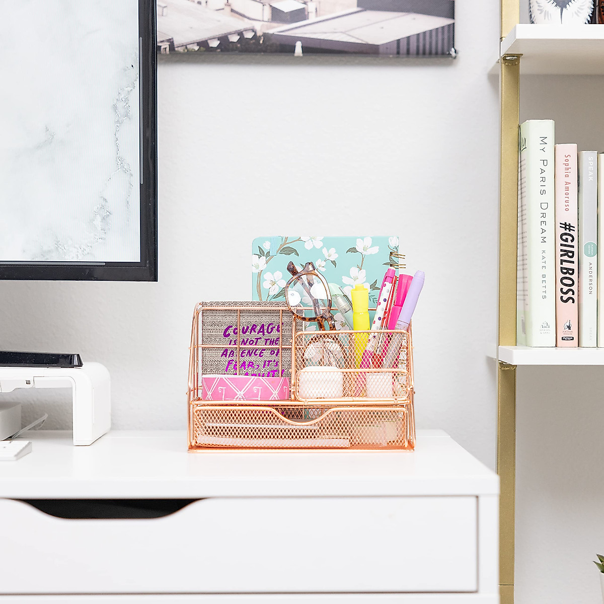 ARCOBIS Rose Gold Desk Organizer with Drawer for Women, Office Desktop Pen Holder Caddy with 5 Compartments + 1 Large Drawer | The Mesh Collection