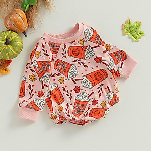 Halloween Newborn Baby Girl Outfit Pumpkin Sweatshirt Romper Long Sleeve Onesie Jumpsuit Infant Fall Winter Clothes (Milk Tea, 0-3 Months)