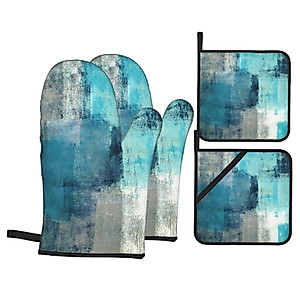 Oven Mitts and Pot Holders Sets of 4 High Heat Resistant Modern Art Gry Turquoise Abstract Oven Mitts with Oven Gloves and Hot Pads Potholders for Kitchen Baking Cooking BBQ Non-Slip Cooking Mitts