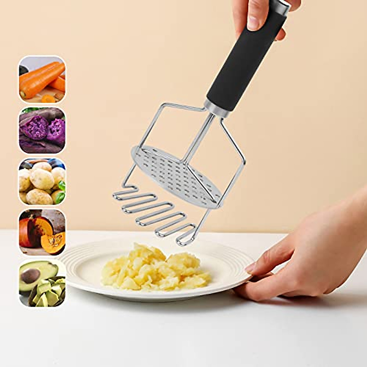 KUFUNG Potato Masher Stainless Steel, Potato Smasher Metal Wire Utensil for Best Mash for Bean, Avocado, Egg, Mini Mashed Potatoe, Banana & Other Food (2-Layers (Round holes 2), Silver)