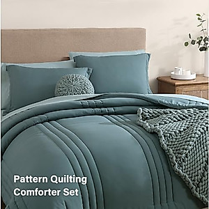 Monbix Queen Size Comforter Set, 7 Piece Bedding Set, All Seasons Fluffy Queen Bed in A Bag with Sheets (Dark Green, 90''x90'')