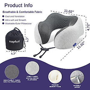 napfun Neck Pillow for Traveling, Upgraded Travel Neck Pillow for Airplane 100% Pure Memory Foam Travel Pillow for Flight Headrest Sleep, Portable Plane Accessories, Light Grey