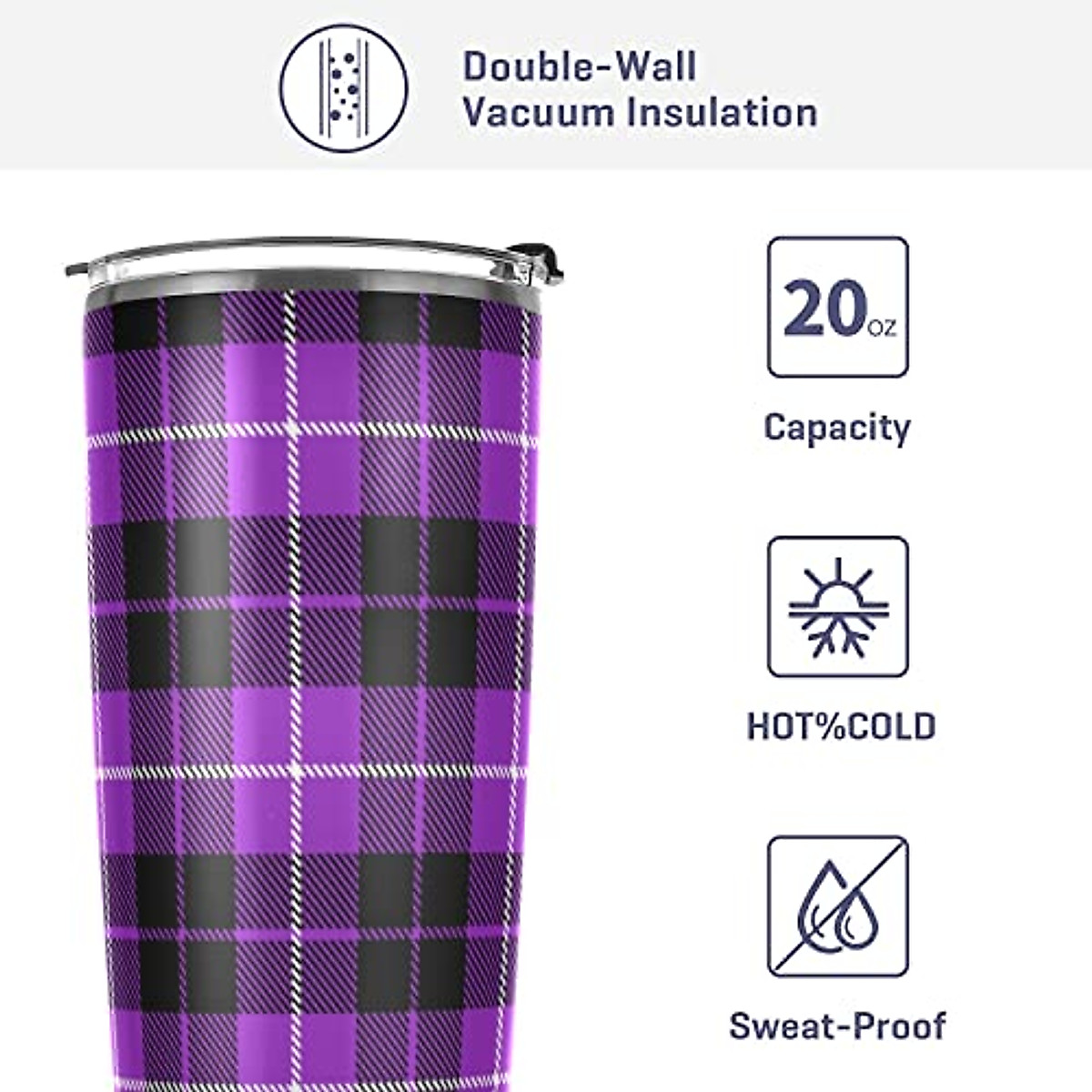 20oz Tumbler Bottle with Lid and Straw Purple Black Tartan Plaid Insulated Coffee Ice Cup Vacuum Stainless Steel Shaker Bottle Travel Mug Water Cup Gifts