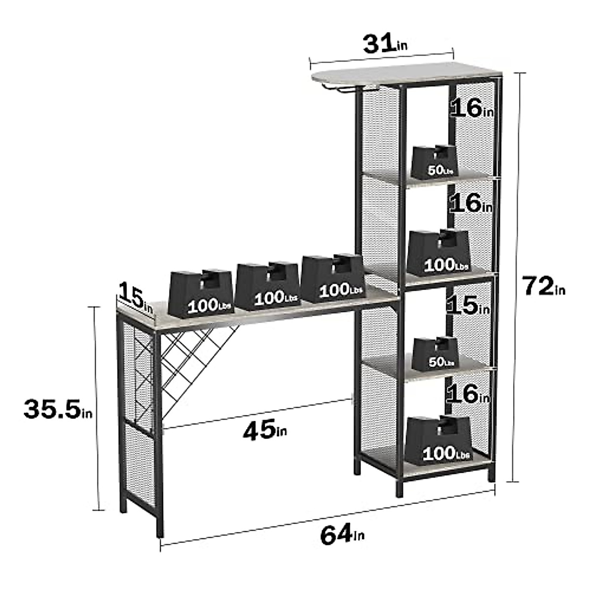 QNICE LED Lights Bar Table with Shelves/Modern Kitchen Counter Height Dining Table/Lounge or Dining Room Storage Pub Table/Dark Rustic Oak/Easy Assembly