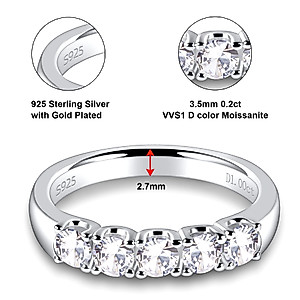 Hitlinker Moissanite Wedding Band for Women S925 Sterling Silver 5 Stone Rings 1ct Lab Created Diamond Rings Half Eternity Band Stackable Band Ring for Women Anniversary Ring Size 5