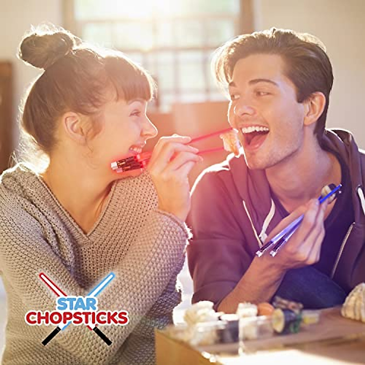 STAR CHOPSTICKS | FREE BOTTLE OPENER & STICKERS | 2 PAIRS DARK BOX | Lightsaber Chopsticks | Star Gifts and Toys for Kids | LED Light Up Reusable Safe Chopstick (Old Model)