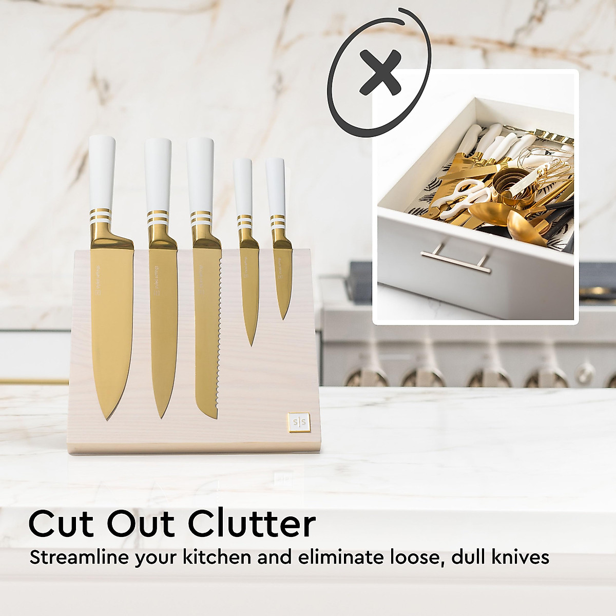 White and Gold Knife Set with Block- 6 PC White and Gold Kitchen Knife Set with Magnetic Knife Holder Includes White and Gold Knives and Ashwood Magnetic Knife Block - Gold Kitchen Accessories