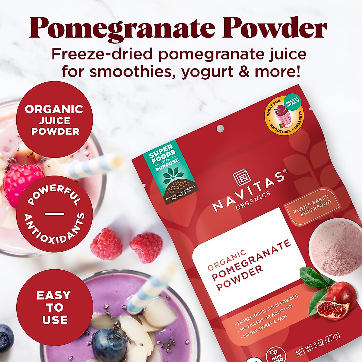 Navitas Organics Pomegranate Powder, 8oz. Bag, 45 Servings — Organic, Non-GMO, Freeze-Dried, Gluten-Free
