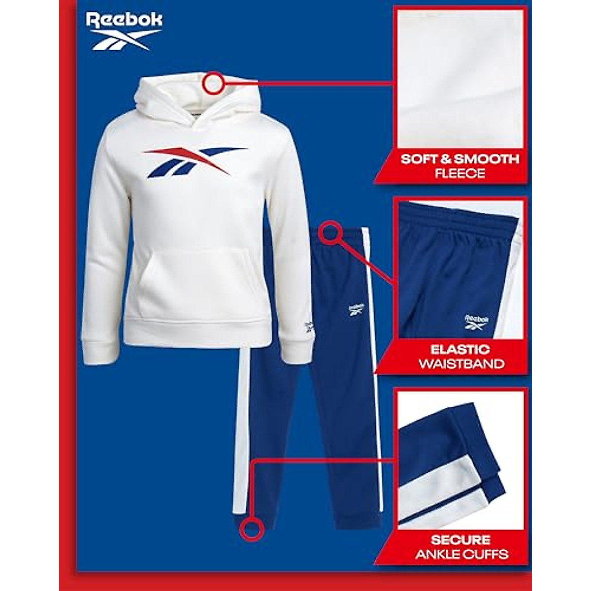 Reebok Baby Boys' Active Sweatsuit - 2 Piece Fleece Hoodie Sweatshirt and Jogger Sweatpants - Clothing Set Toddler/Boy, 2T-7, Size 7, Chalk