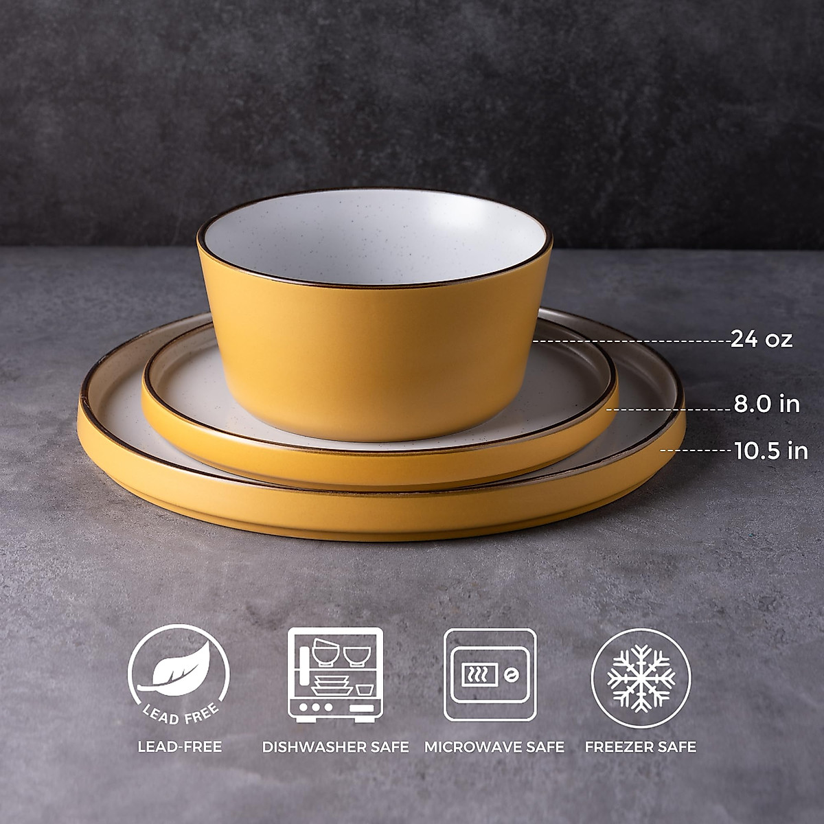 AmorArc Dinnerware Sets of 4, Modern Stoneware Plates and Bowls Sets,Chip and Crack Resistant | Dishwasher & Microwave Safe Ceramic Dishes Set,Service for 4 (12pc)-Speckled & Matte Yellow