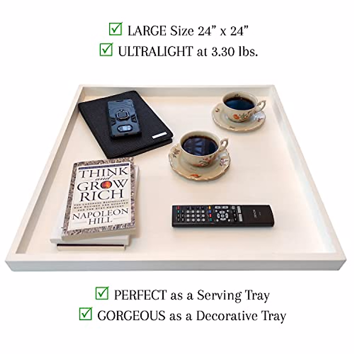 Gekko and Co. 24 x 24 Inches Large Ottoman Tray White - Perfect as a Decorative Tray, Serving Tray, Coffee Table Tray or Wooden Tray for Zen Garden