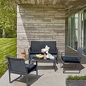 Tuoze 4 Pieces Patio Furniture Set Outdoor Patio Conversation Sets Modern Porch Furniture Lawn Chairs with Glass Coffee Table for Home Garden Backyard Balcony (Black)