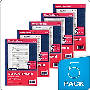 Adams Money and Rent Receipt Books, 3-Part Carbonless, 7-5/8" x 10-7/8", Bound Wraparound Cover, 100 Sets per Book, 4 Receipts per Page, 5 Books per Pack (TC1182-5)