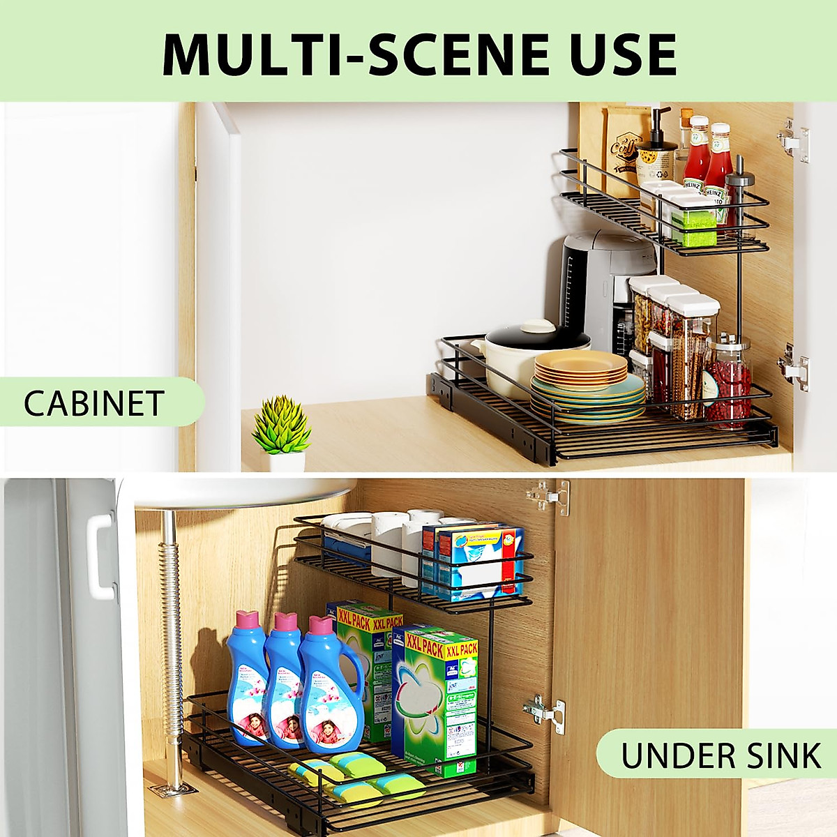 AHNR Pull Out Cabinet Organizer, 2 Tier Under Kitchen Sink Organizers and Storage Cabinet Slide Out Shelves, Pull Out Drawers for Kitchen Cabinets - 12.6W x 16.5D x 13H, Black