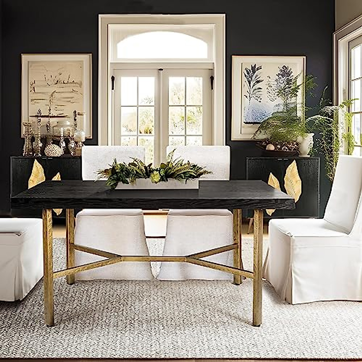 Uolfin Wood Dining Table with Oak Veneer and Distressed Gold Metal Legs, 60" L