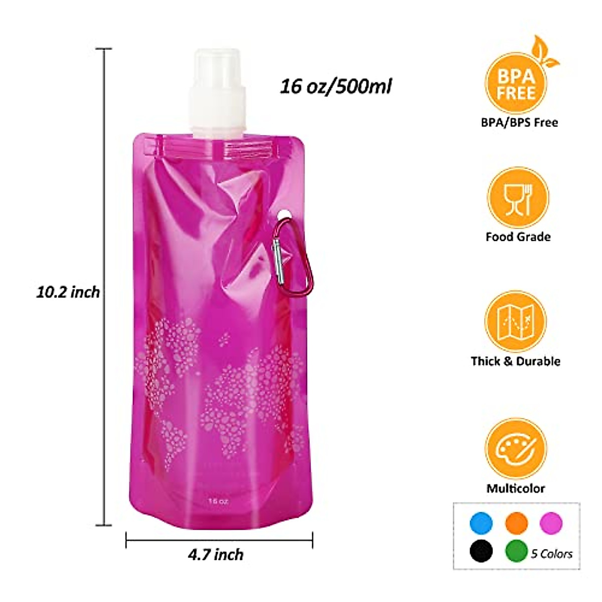 KASCNR 5pcs Collapsible Water Bottles Reusable Canteen Foldable Drinking Water Bags with Clip for Gym, Sports, Teams, Hiking, Camping,Biking,Outdoors,Beach,Traveling,Yoga & More,5 Colors（16 oz）