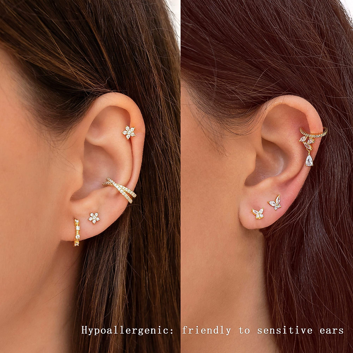 CHESKY Cubic Zirconia Gold Stud Earrings, Hypoallergenic Earrings Set for Women 14K Gold Plated Small CZ Studs Multipack Cartilage Earrings Women for Piercing 3 Pairs