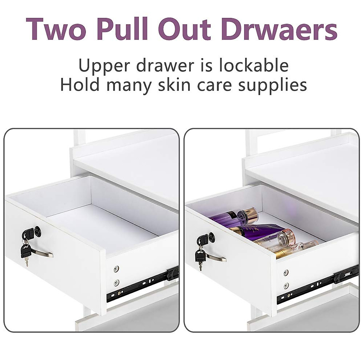 Salon Trolley Cart for Beauty SPA, Wooden Rolling Storage Station, White Mobile Utility Cabinet with 2 Drawers 1 Lockable, Medical Esthetic Supply Holder for Massage Tattoo Facials