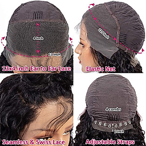 Kropan Water Wave Lace Front Wigs Brazilian Virgin Human Hair 13X4 Lace Frontal Wigs 180% Density Pre Plucked With Baby Hair Natural Black Wigs 18 Inch