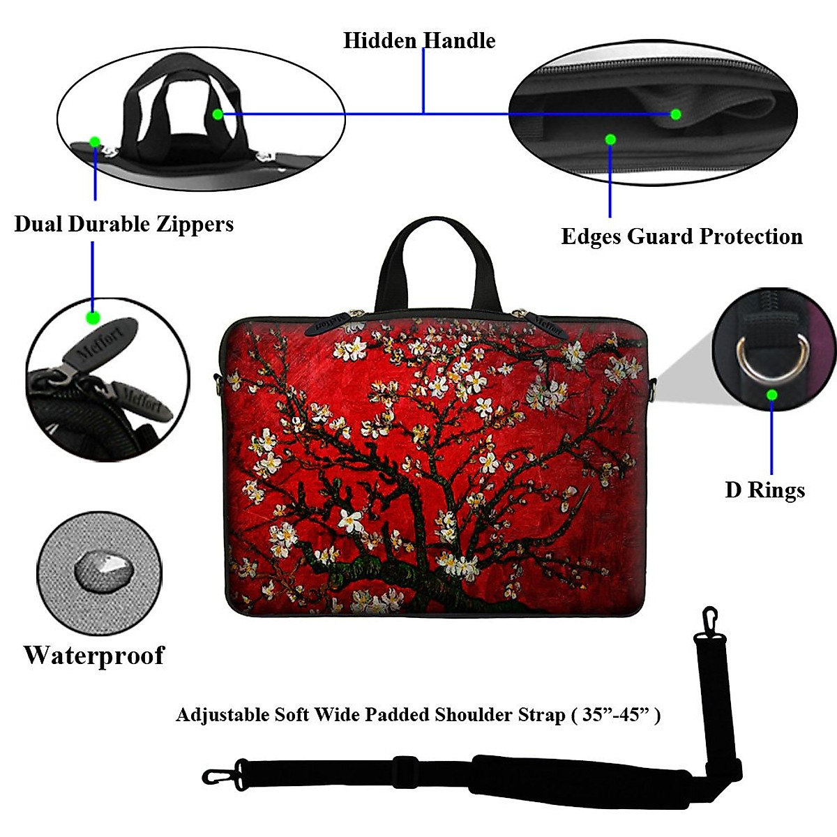 Meffort Inc 15 15.6 inch Laptop Carrying Sleeve Bag Case with Hidden Handle & Adjustable Shoulder Strap with Matching Skin Sticker and Mouse Pad Combo - Vincent Van Gogh Cherry Blossoming