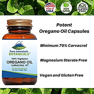 Pure Mountain Botanicals High Potency Wild Oregano Oil - 120 Vegetarian Capsules – Now with 510mg Mediterranean Oil of Oregano (70% Carvacrol)