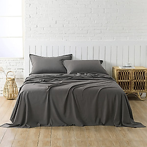 Charcoal Grey Linen-Textured Bed Sheets Set, Bamboo Rayon , Cotton , Linen Blend Bed Sheets Queen Size, Soft Cool & Breathable for Hot Sleepers,Durable Natural Organic Bed 15'' Deep Pocket - 4 Piece