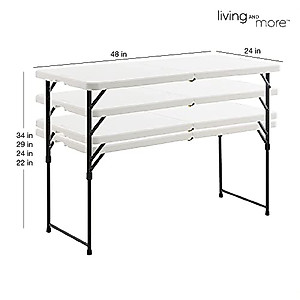 Living and More 4 Foot Height Adjustable Fold-in-Half Table with Carrying Handle, Easy Folding and Storage, Indoor Outdoor Use, White