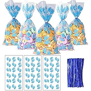 HADDIY Baby Shower Cellophane Candy Bags,100 Pcs Blue Baby Footprint Treat Cello Bags with Twist Tie for Baby Boy Shower Party Favor and Gender Reveal