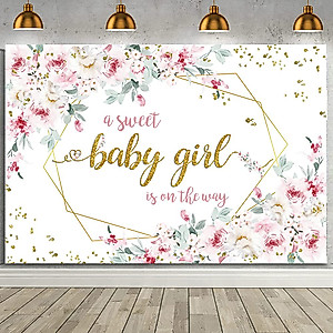 AIBIIN 7x5ft Floral Baby Shower Backdrop Baby Girl Pink Floral A Sweet Baby Girl is On The Way Baby Shower Photo Background Baby Girl Baby Shower Decorations Newborn Banner Supplies